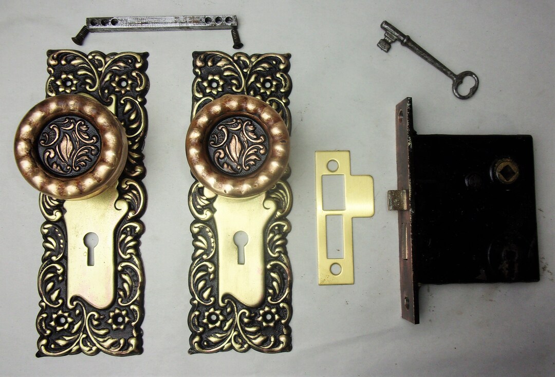 Antique Entrance Door Set Victorian / Eastlake Backplate Knob Mortise ...