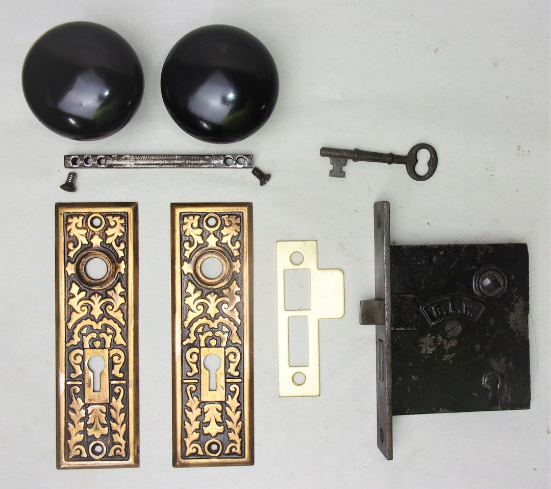 Antique Set EASTLAKE Backplates Black Porcelain Door Knobs Mortise Lock ...