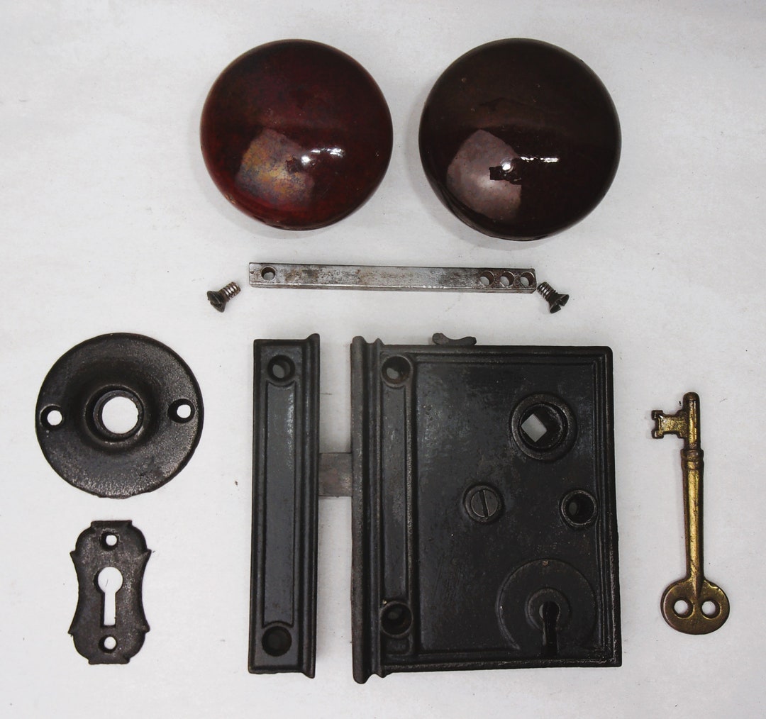 Antique Set Brown Porcelain Door Knobs Surface Mount Mortise Lock Key ...