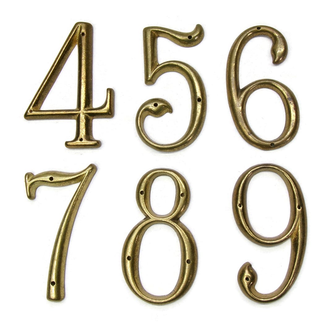 Lot of Six Vintage Solid Brass Address House Numbers 3.5" # 4, 5, 6, 7 ...