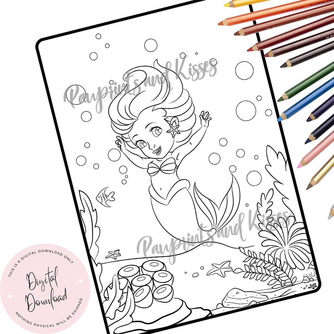 Mermaid Starfish and Bubbles Coloring Page, Digital Download Coloring ...