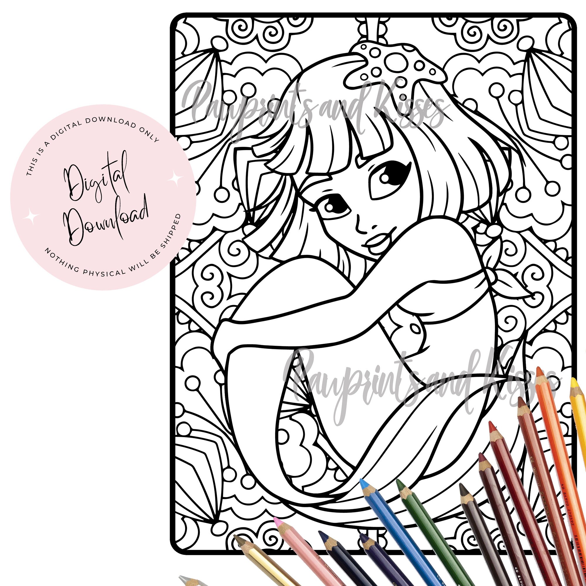 Chibi Mermaid Coloring Page, Digital Download Coloring Sheet, Mermaid ...