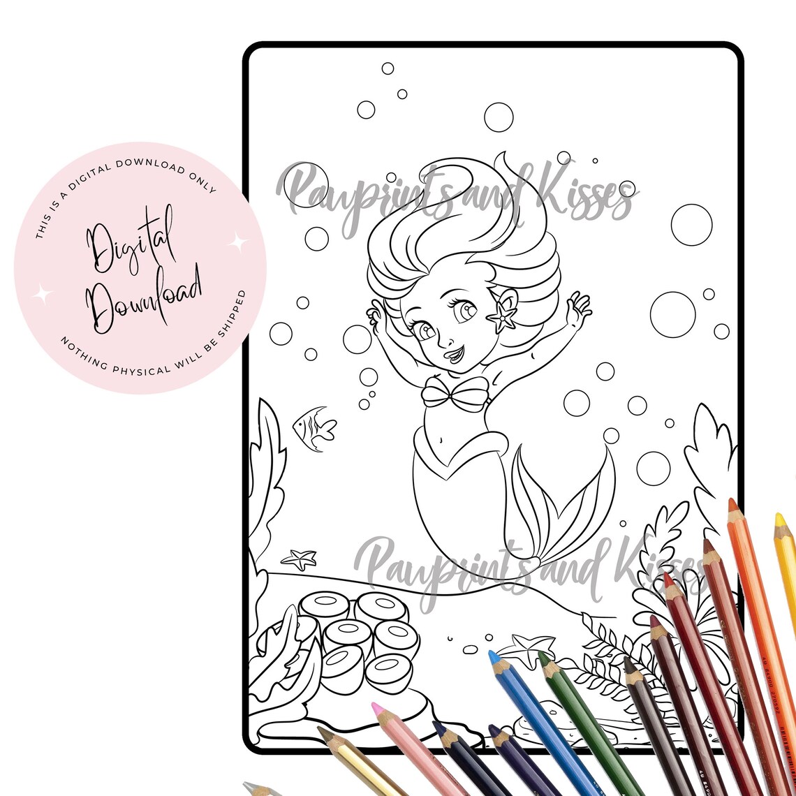 Mermaid Starfish and Bubbles Coloring Page, Digital Download Coloring ...