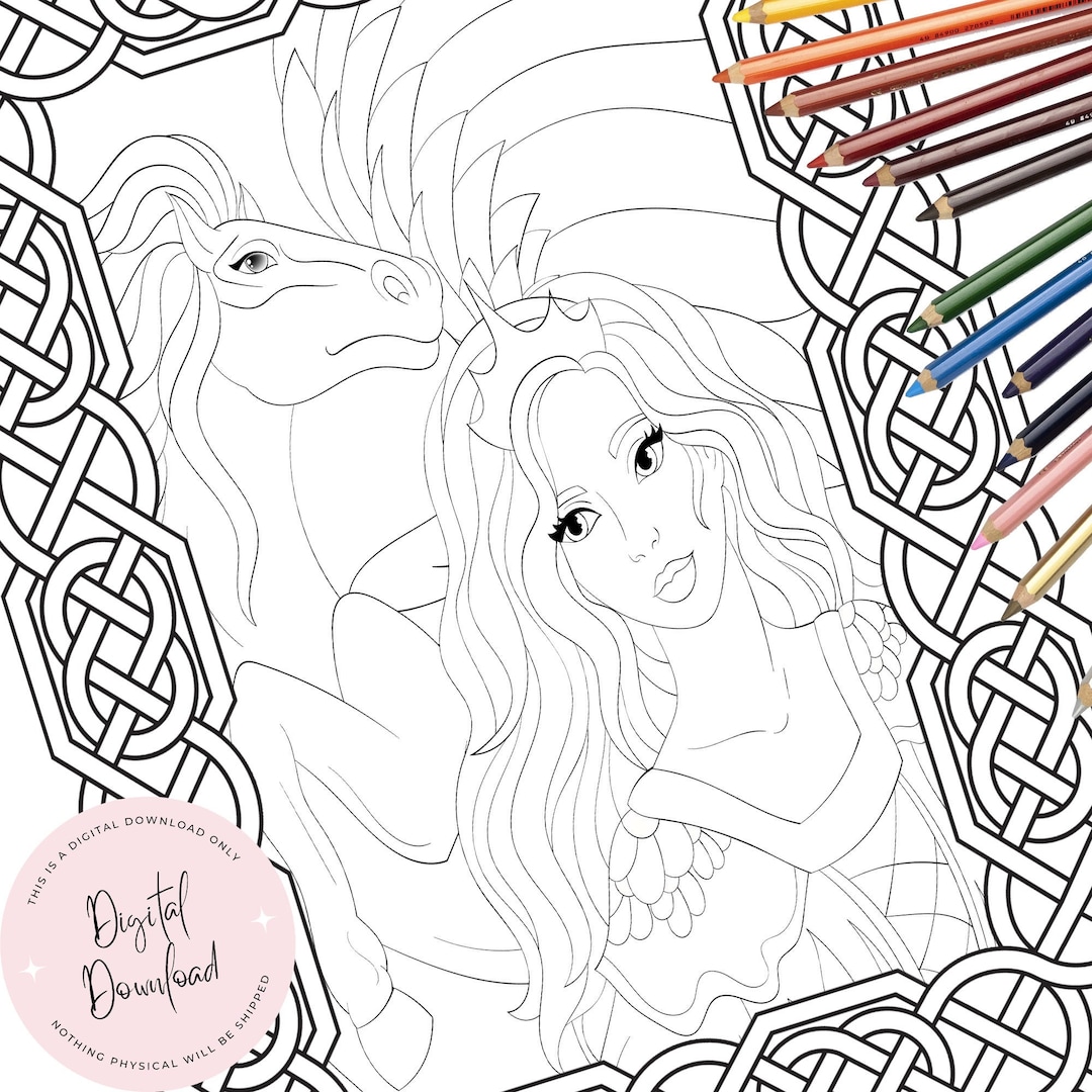 Fairy Princess and Pegasus Coloring Page, Digital Download Coloring ...