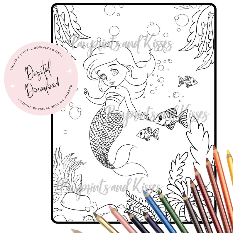 Mermaid and Fish Coloring Page, Digital Download Coloring Sheet ...