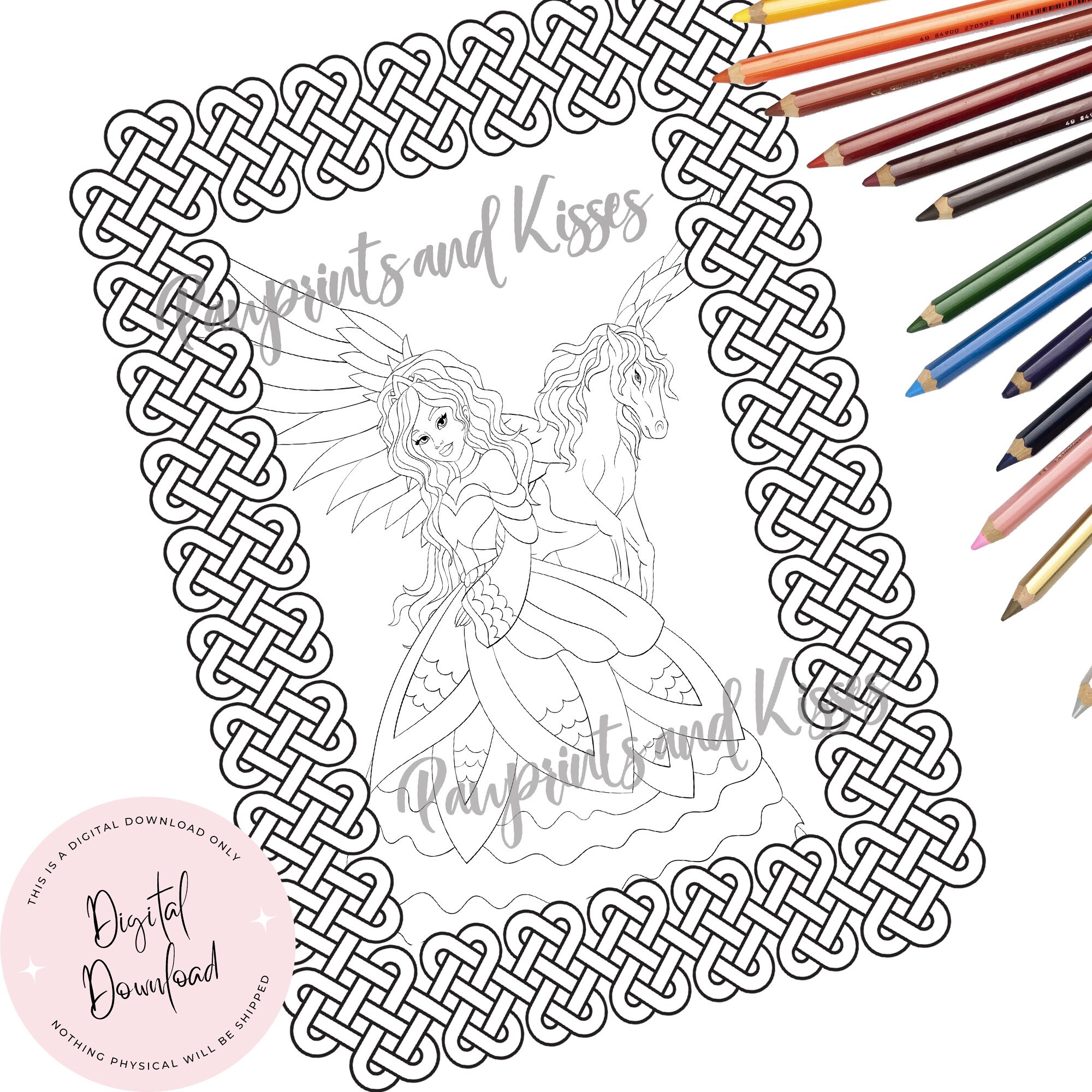 Fairy Princess and Pegasus Coloring Page, Digital Download Coloring ...