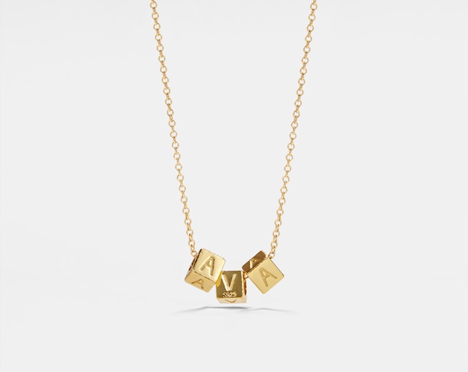 Gold Cube Name Necklace, Dice Letter Charm, Cubic Bead Initial Pendant ...