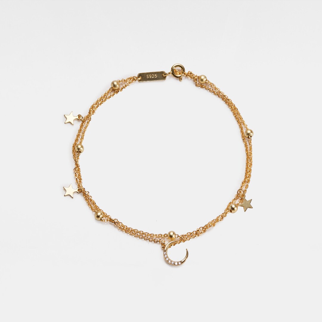 PERIMADE Moon Star Charm Bracelet • Dainty Gold Double Chain Bracelet ...