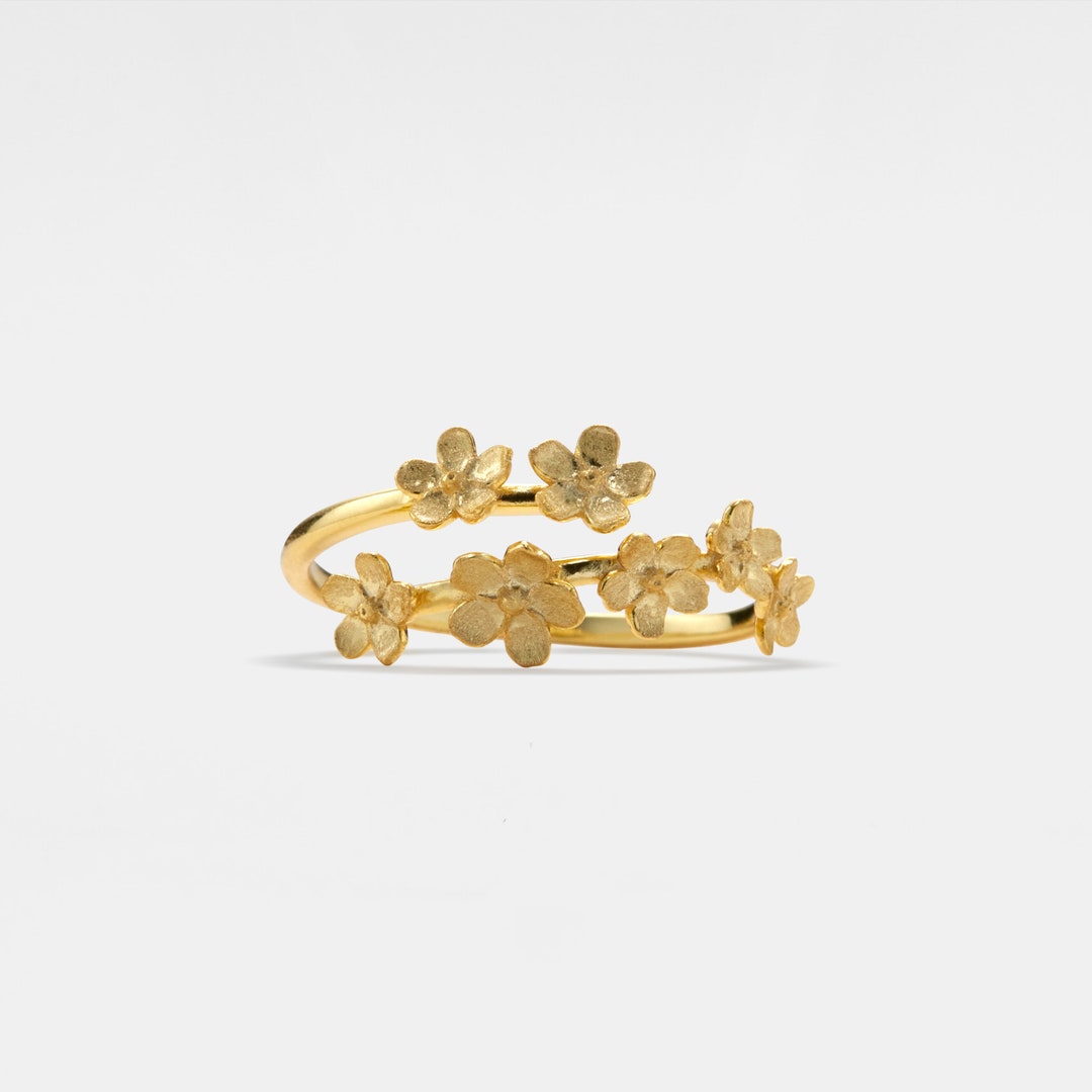 PERIMADE Cherry Blossom Bypass Ring • Gold Sakura Flower Stacking Ring • Sterling Silver ...