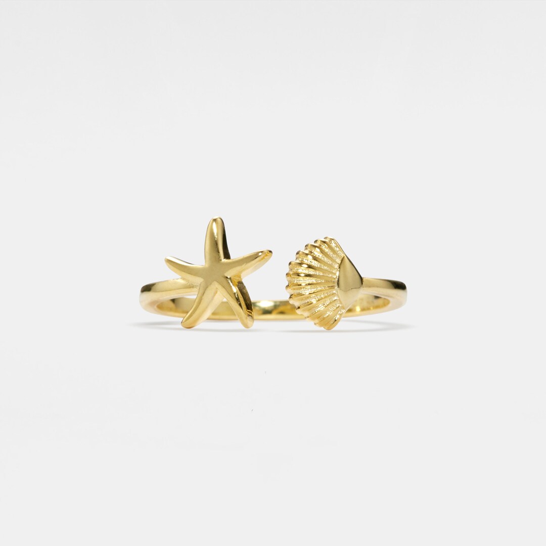 PERIMADE Seashell Starfish Stacking Ring • Dainty Gold Ocean Sea Shell Ring • Sterling Silver ...