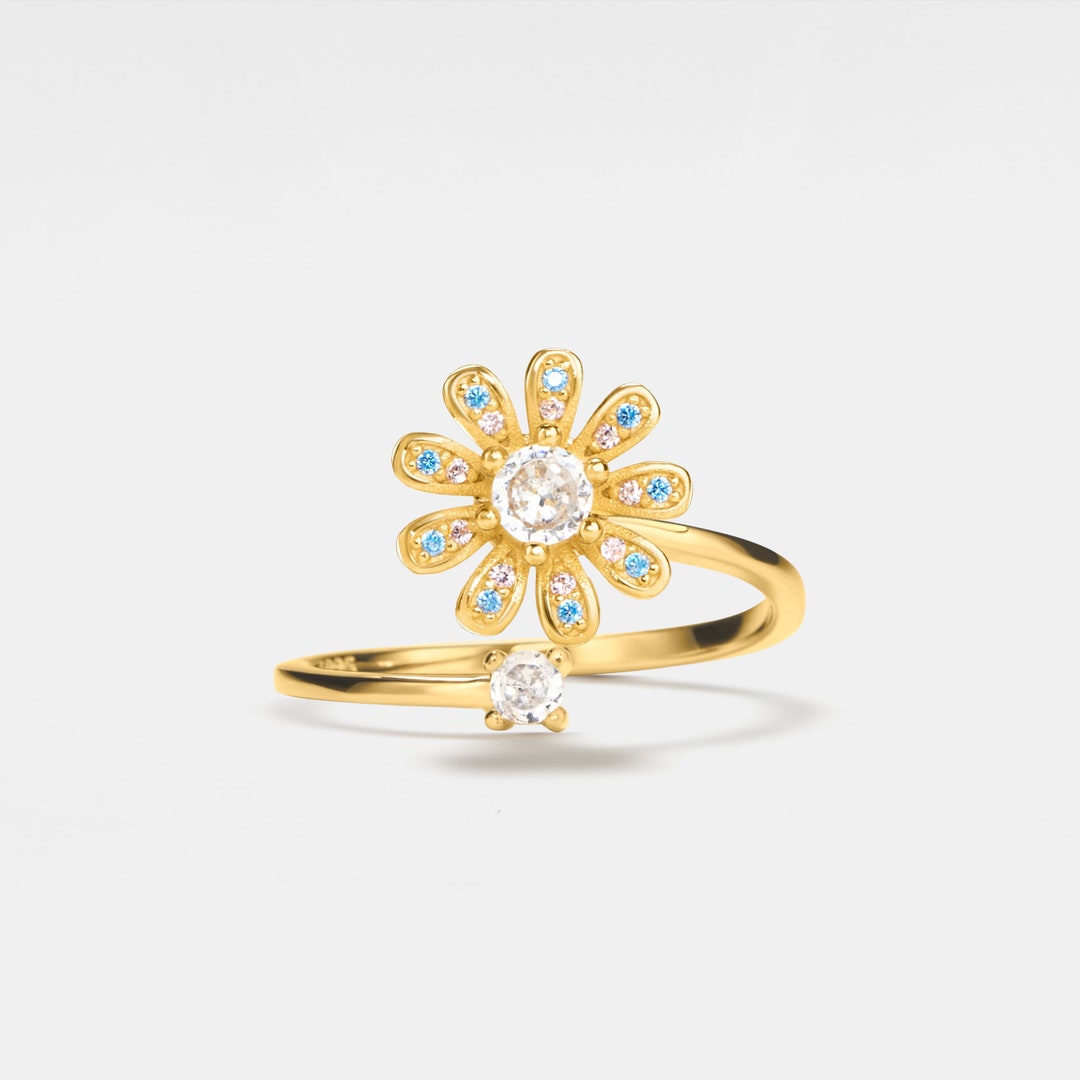 PERIMADE Daisy Flower Fidget Spinner Ring • Gold Flower Fidget Spinning ...