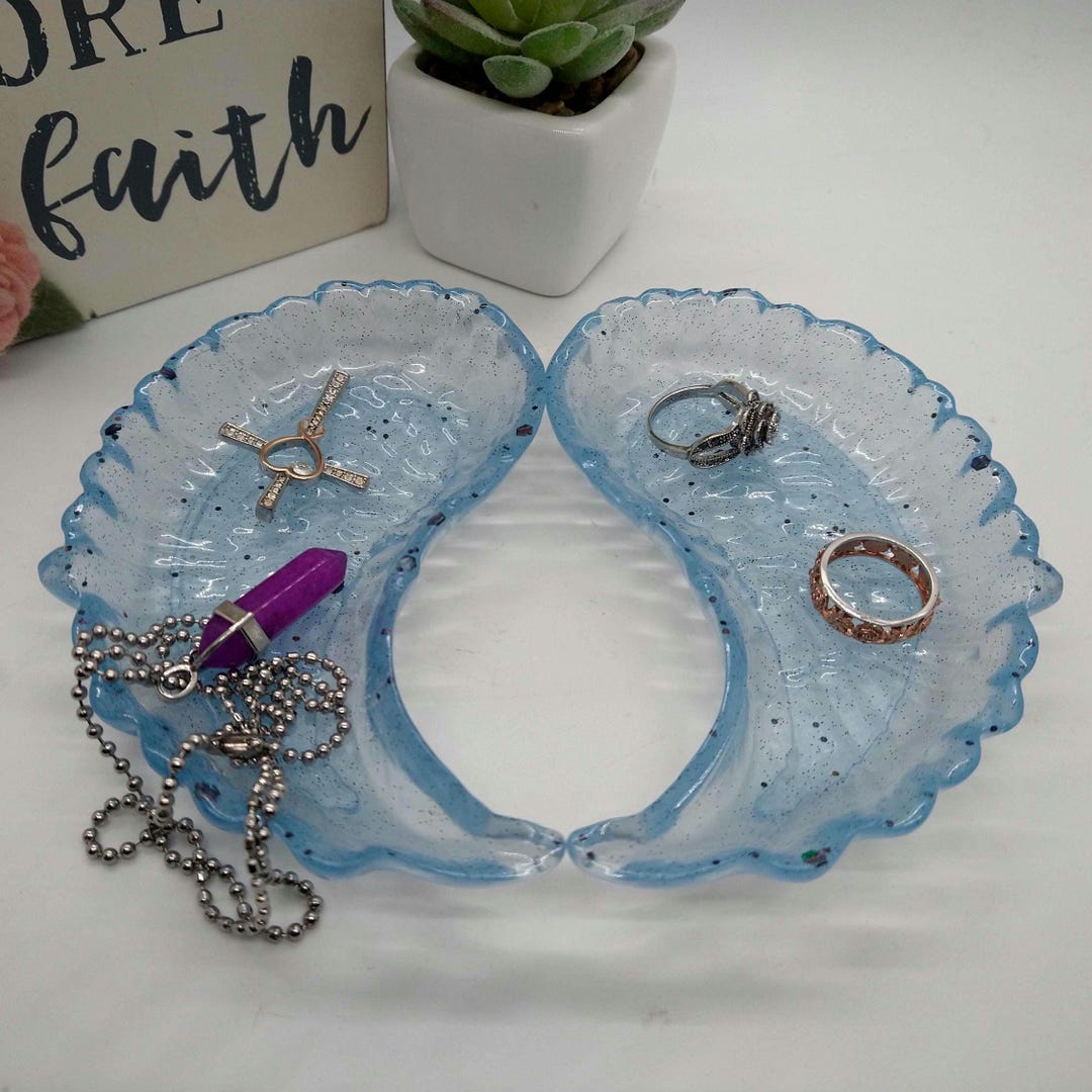 Handmade Baby Blue Resin Angel Wings Jewelry Tray 3x5 Inch Trinket Dish ...