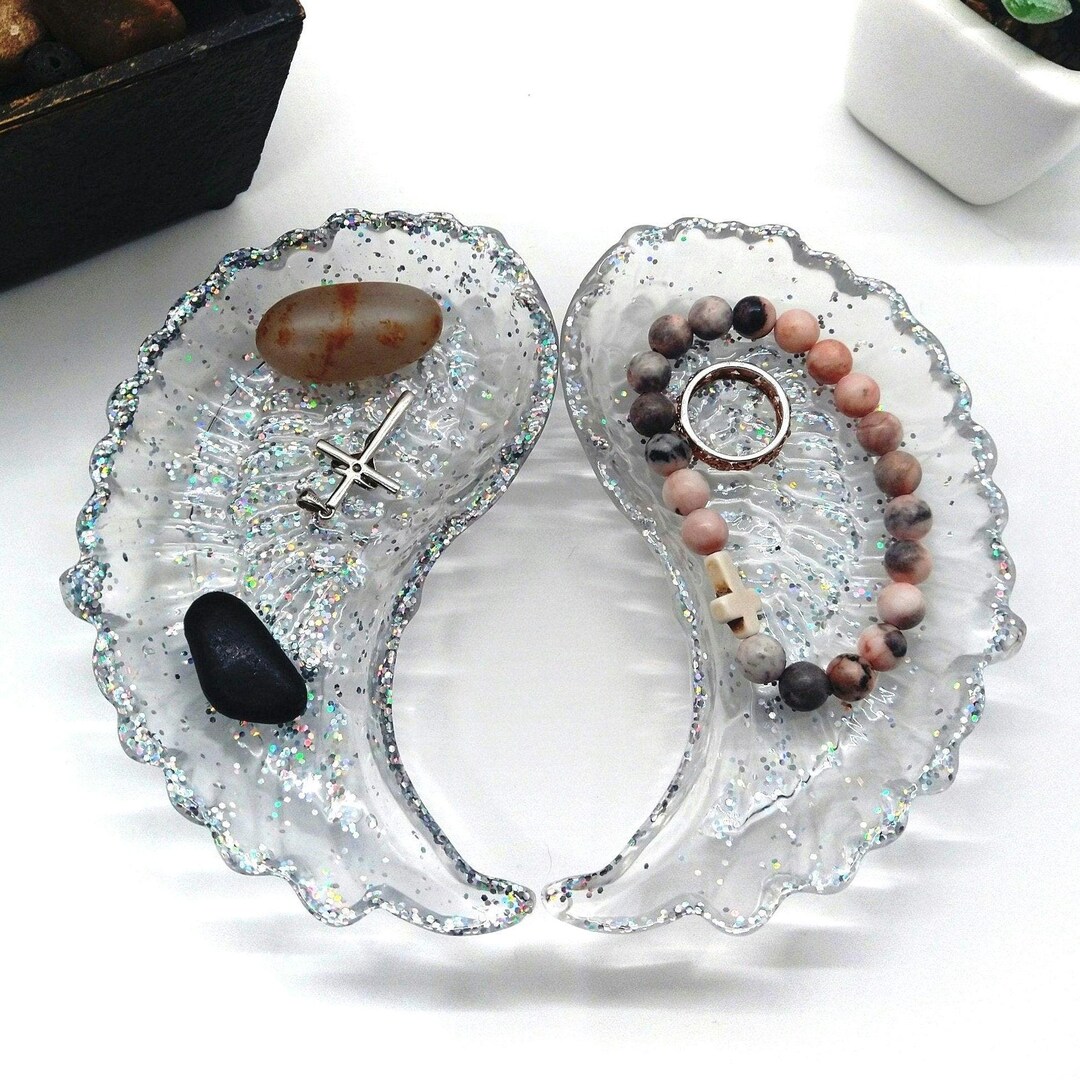 Glitter Resin Angel Wing Jewelry Trays Elegant Trinket Dish and ...