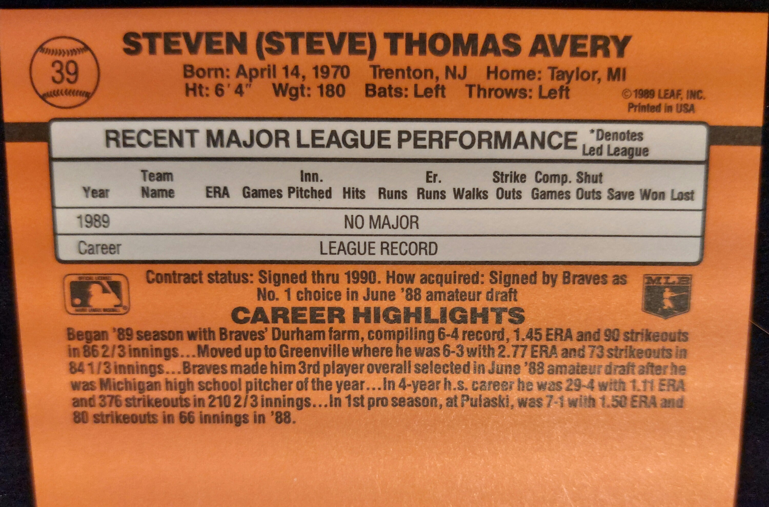 Steve Avery - 2 (two) 1990 Rookie Baseball Cards!! Donruss 1990 #39 ...