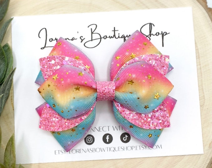 Pastel Rainbow Pink Glitter Hair Bow, Layered Hairbow, Hair Accessories ...
