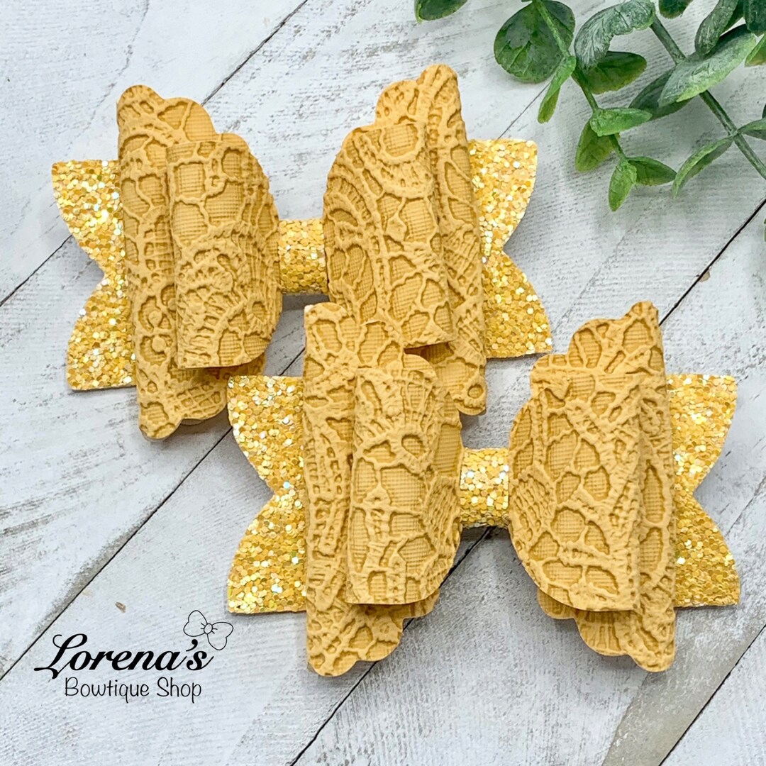 Mustard Lace Embossed Hair Bow Set, Floral Faux Leather Hair Bows, Hair ...