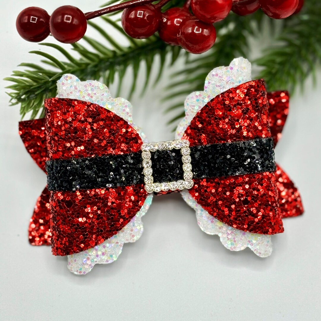 Santa Belt Christmas Bow, Glitter Hair Bow, Faux Leather Hair Bow, Hair ...
