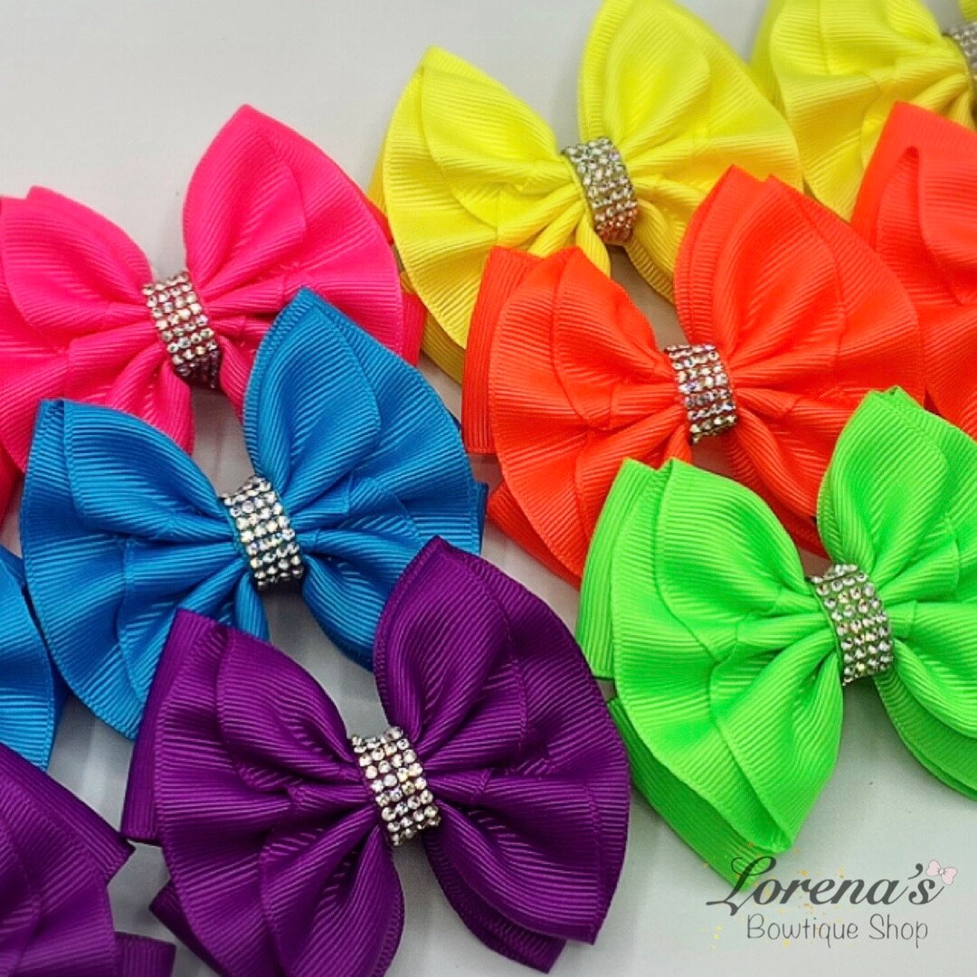 Neon Solid Color Pigtail Bows, Bright Solid Color Bows With Rhinestones ...