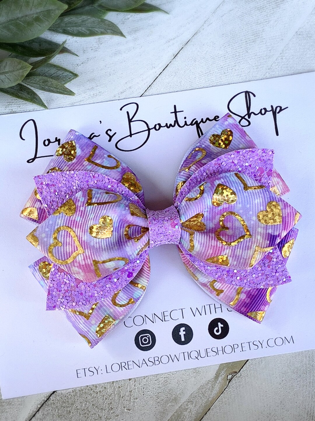 Light Orchid With Gold Hearts Bow, Glitter Hair Bow, Layered Hairbow ...