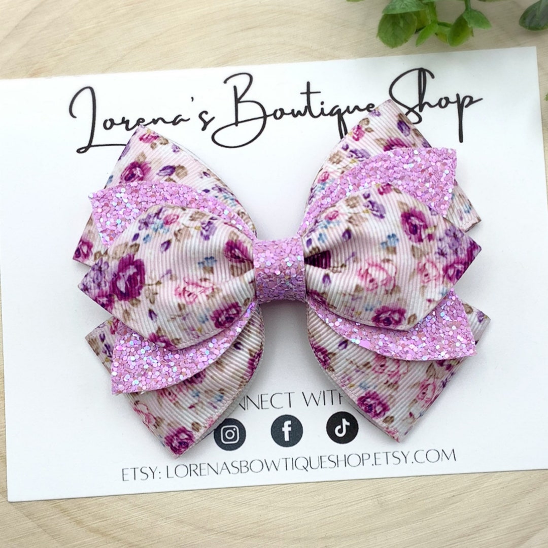 Light Purple Floral Glitter Hair Bow, Layered Hairbow, Hair Accessories ...