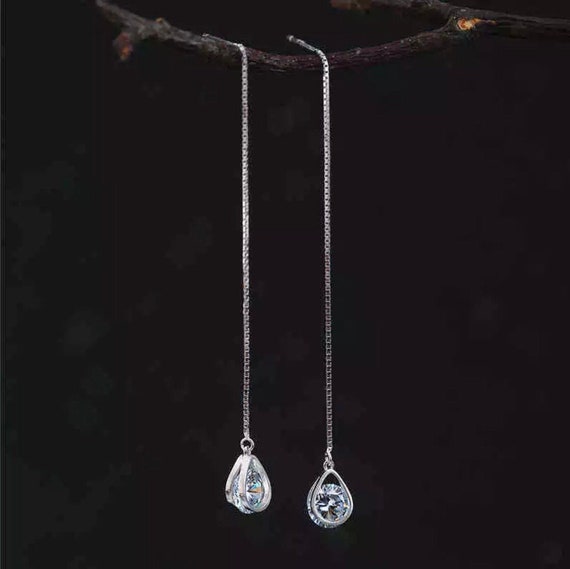 Silver Teardrop Earrings Silver Threaders Crystal Teardrops - Etsy