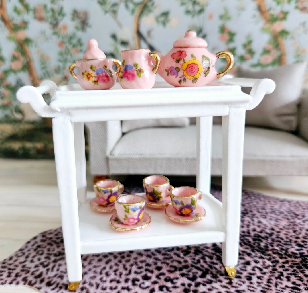 Pink Floral Dollhouse Miniature Tea Set for 12th Scale Dollshouse ...