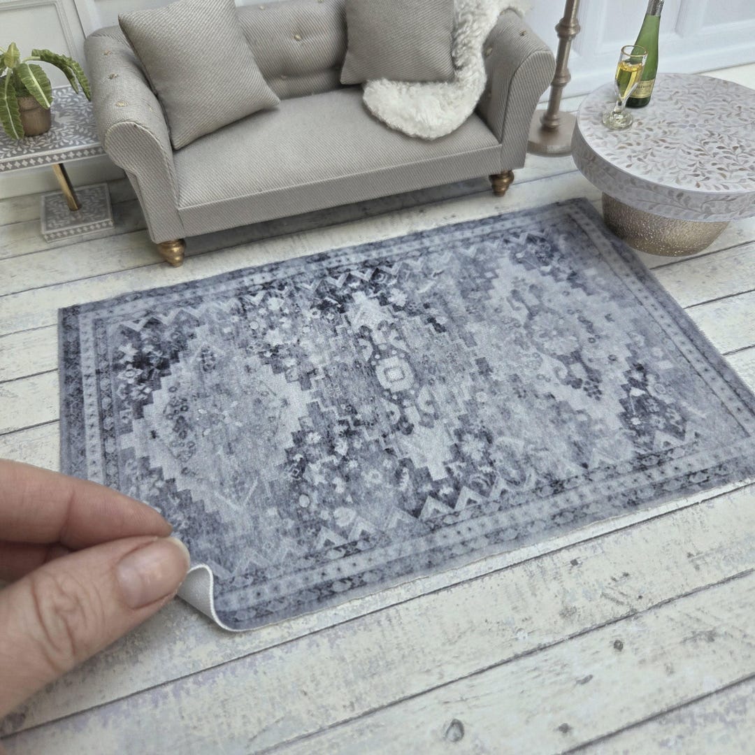 Dolls House Rug in Blue Grey. 12th Scale Miniature for Vintage Boho ...