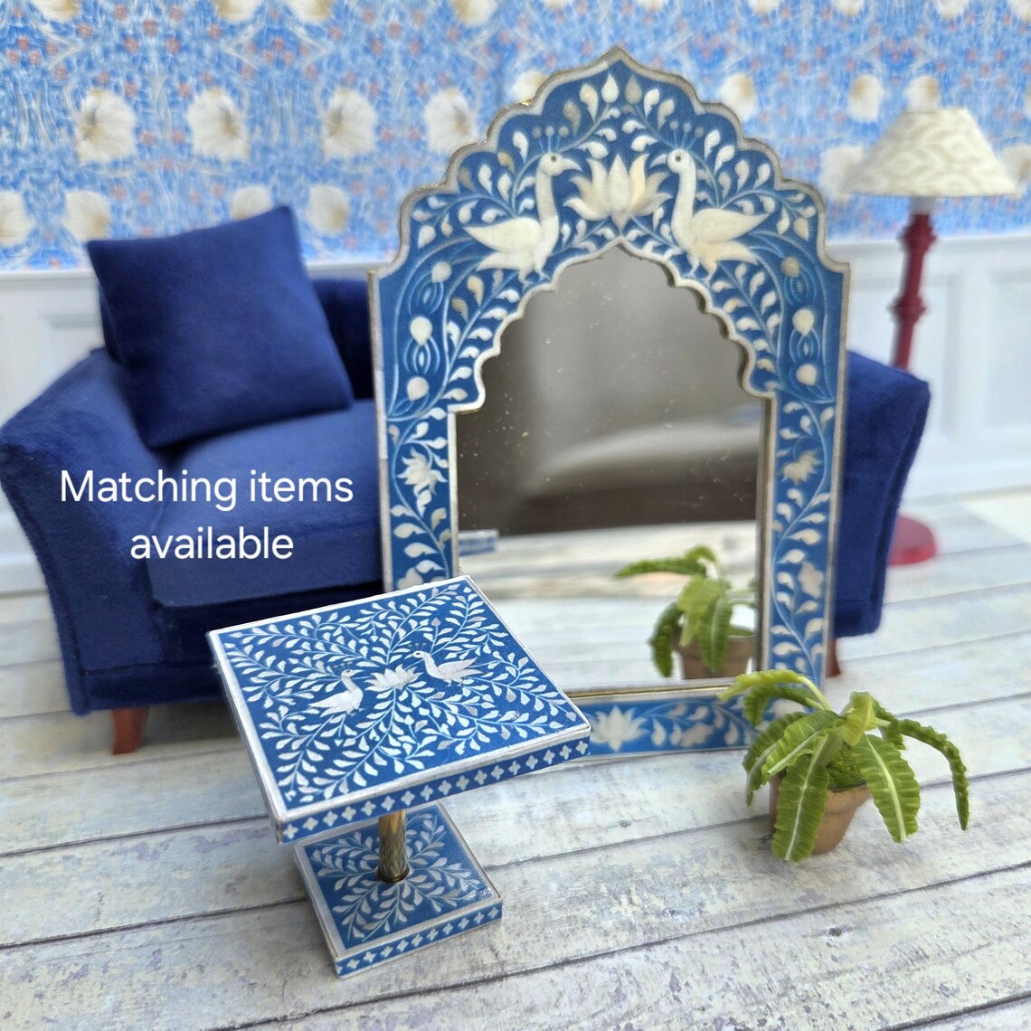 Dolls House Mirror Blue and White Bone Inlay Effect for Modern Boho 12th Scale Dollshouse ...