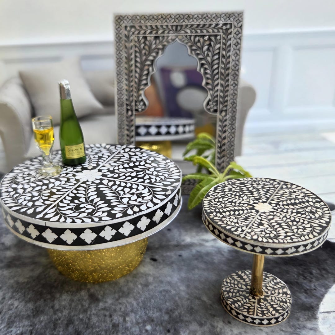 Dollhouse Bone Inlay Effect Black and White Table in 12th Scale for a Modern Dollshouse or ...