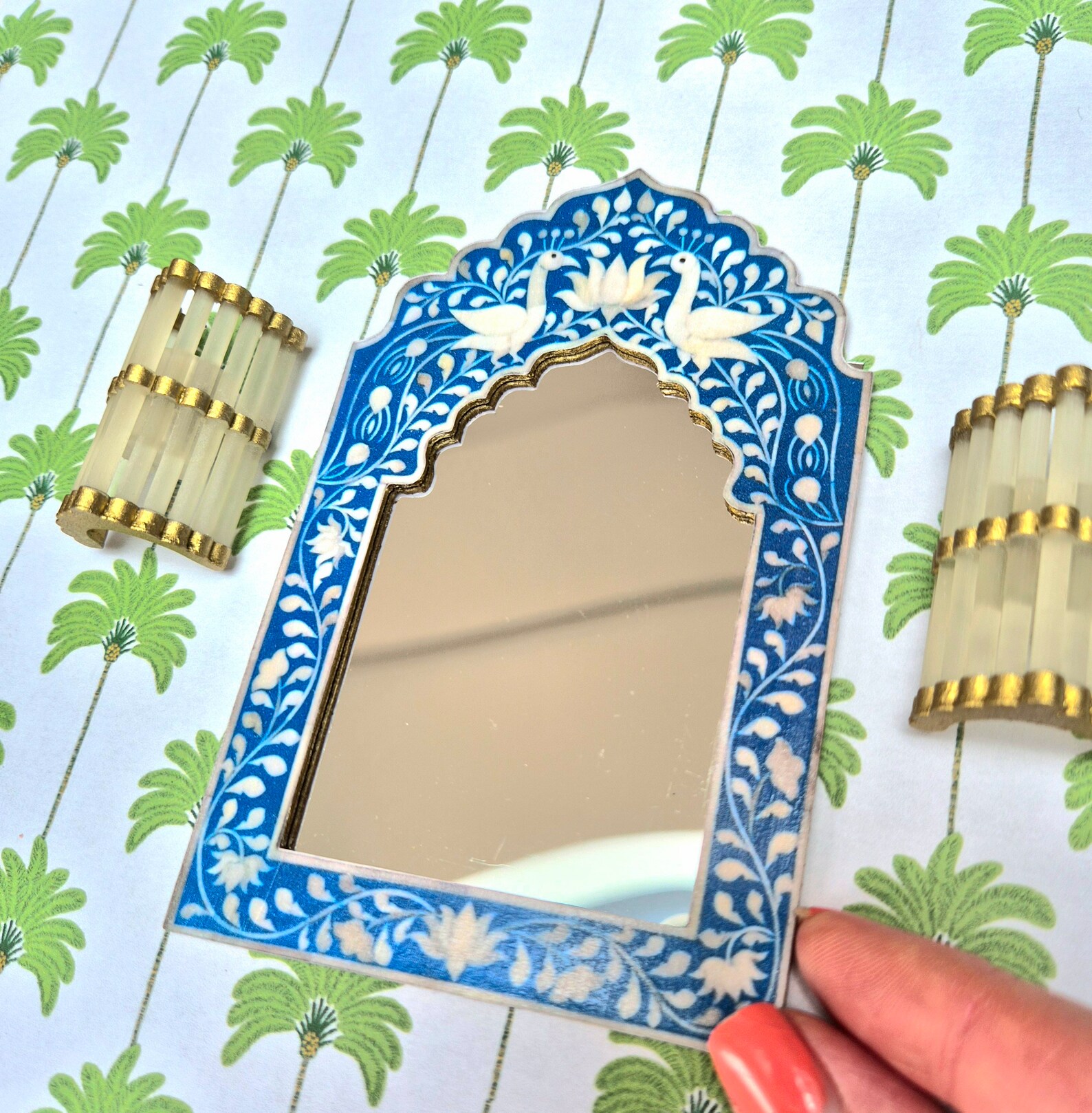 Dolls House Mirror Blue and White Bone Inlay Effect for Modern Boho 12th Scale Dollshouse ...