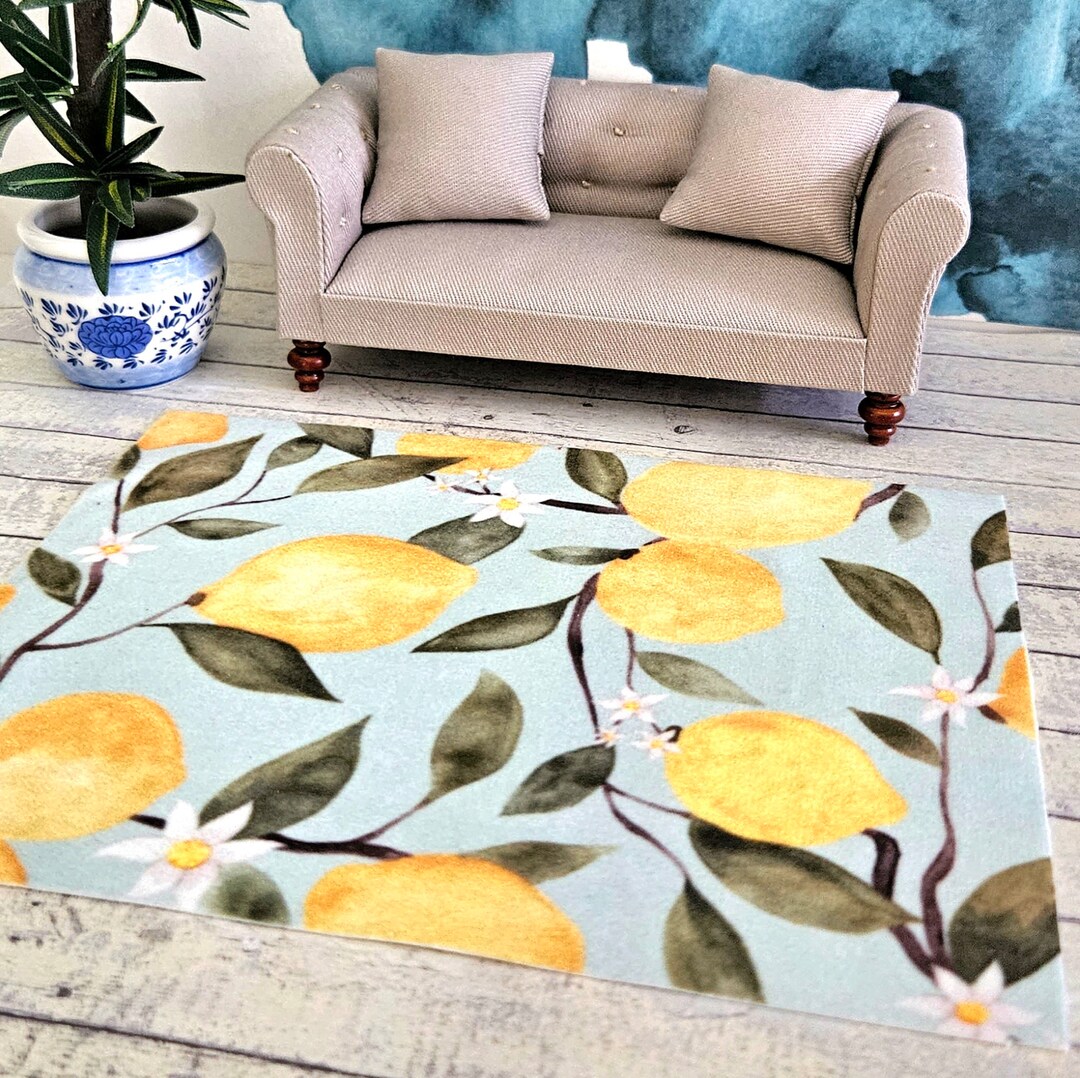 Modern Dollhouse Rug in Light Blue With Lemon and Flower Print 12th ...