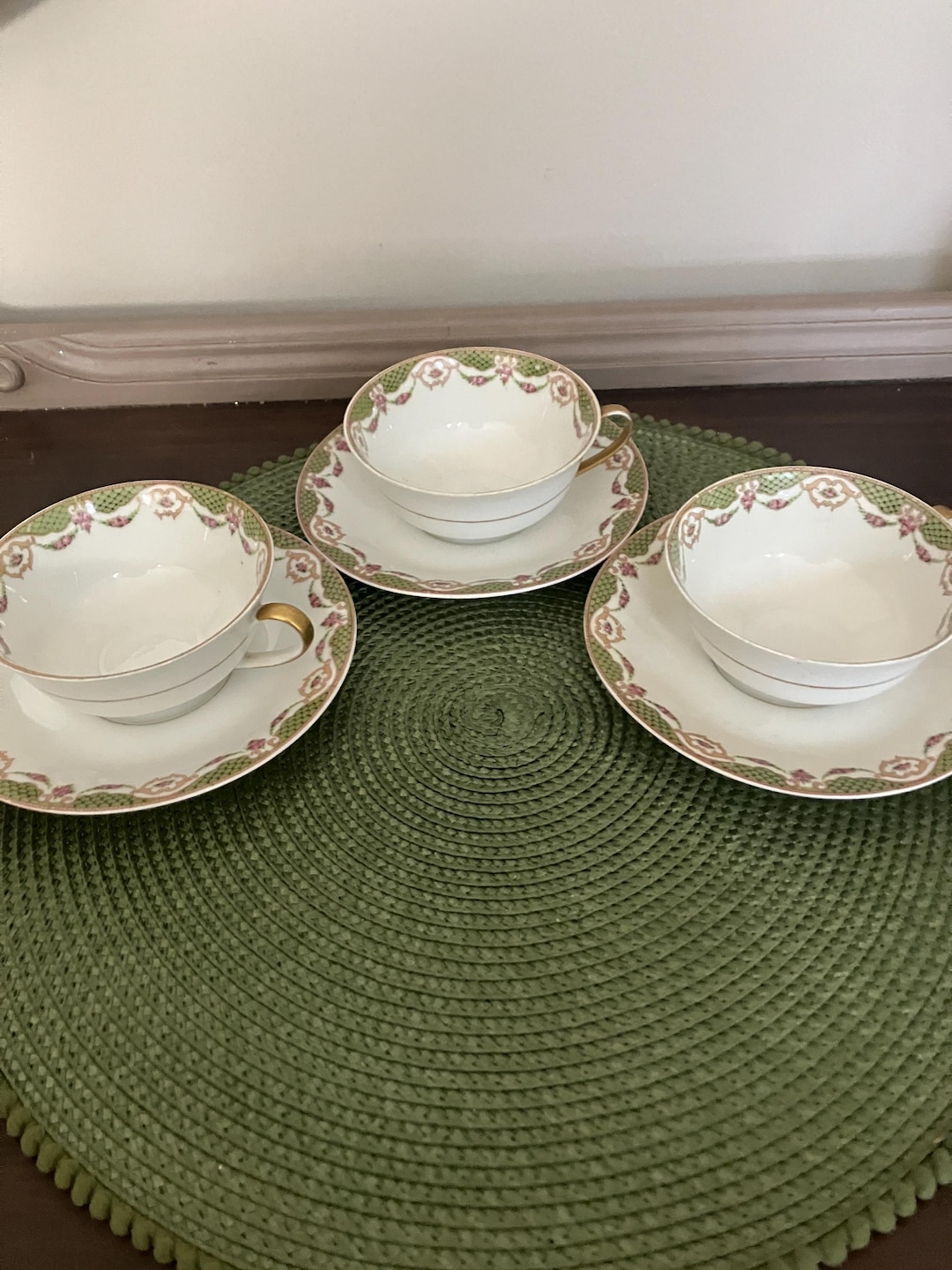 Tea Cup and Saucer Set, Lanternier French Limoges With Green Trim ...