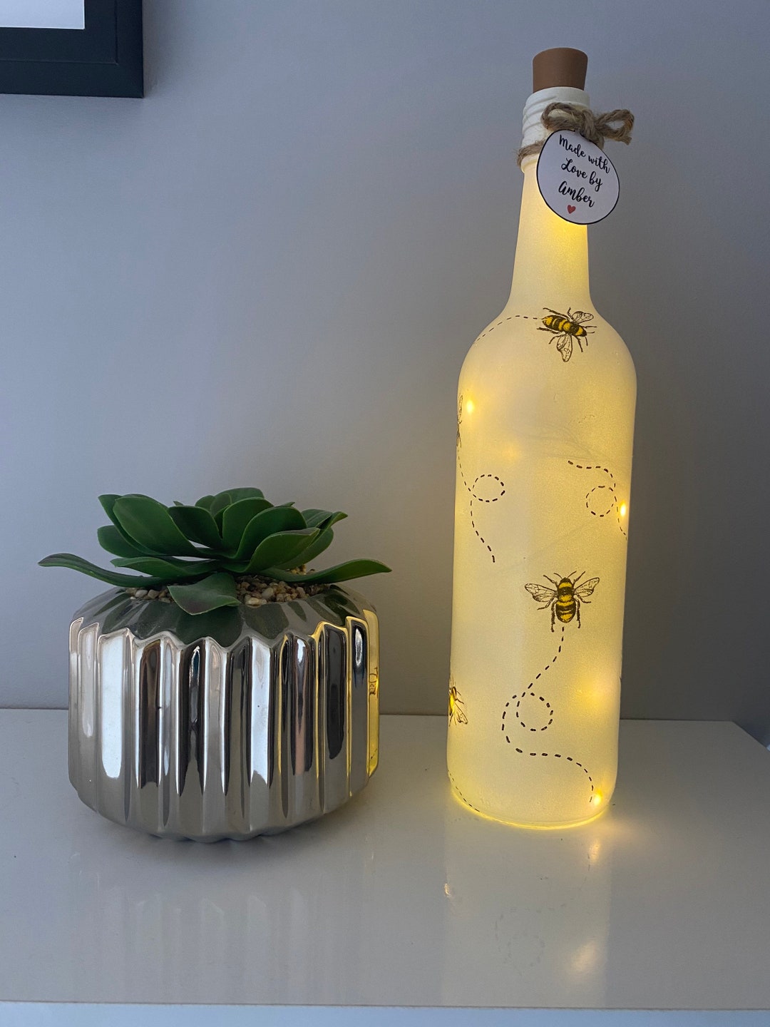 Busy Bee Bottle Light, Decoupaged Bottle Light, Bumble Bee Gift Idea ...