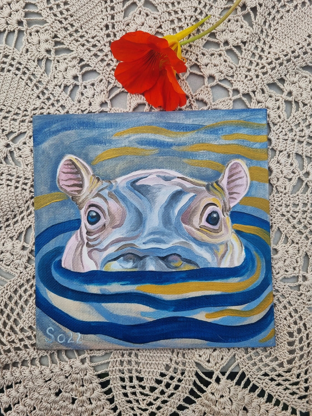 Hippo Oil Painting Portrait Original Hand-painted Animal Art Nature ...