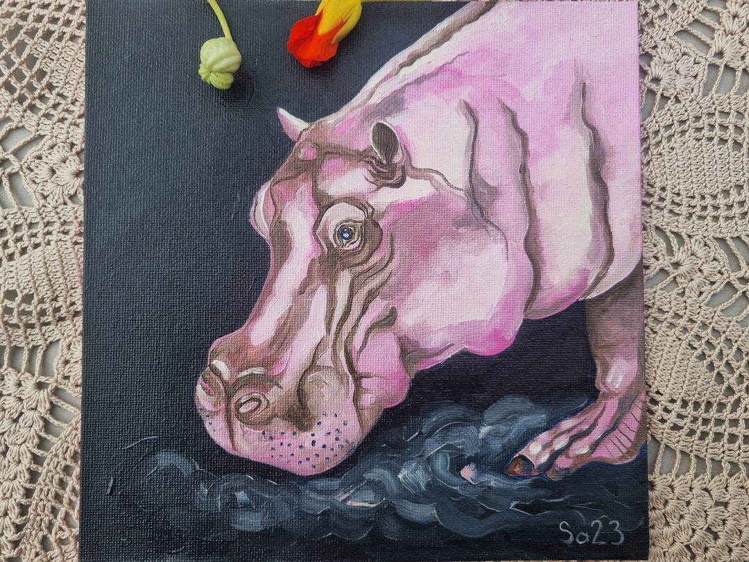 Hippo Oil Painting Portrait Original Hand-painted Art Animal Black ...