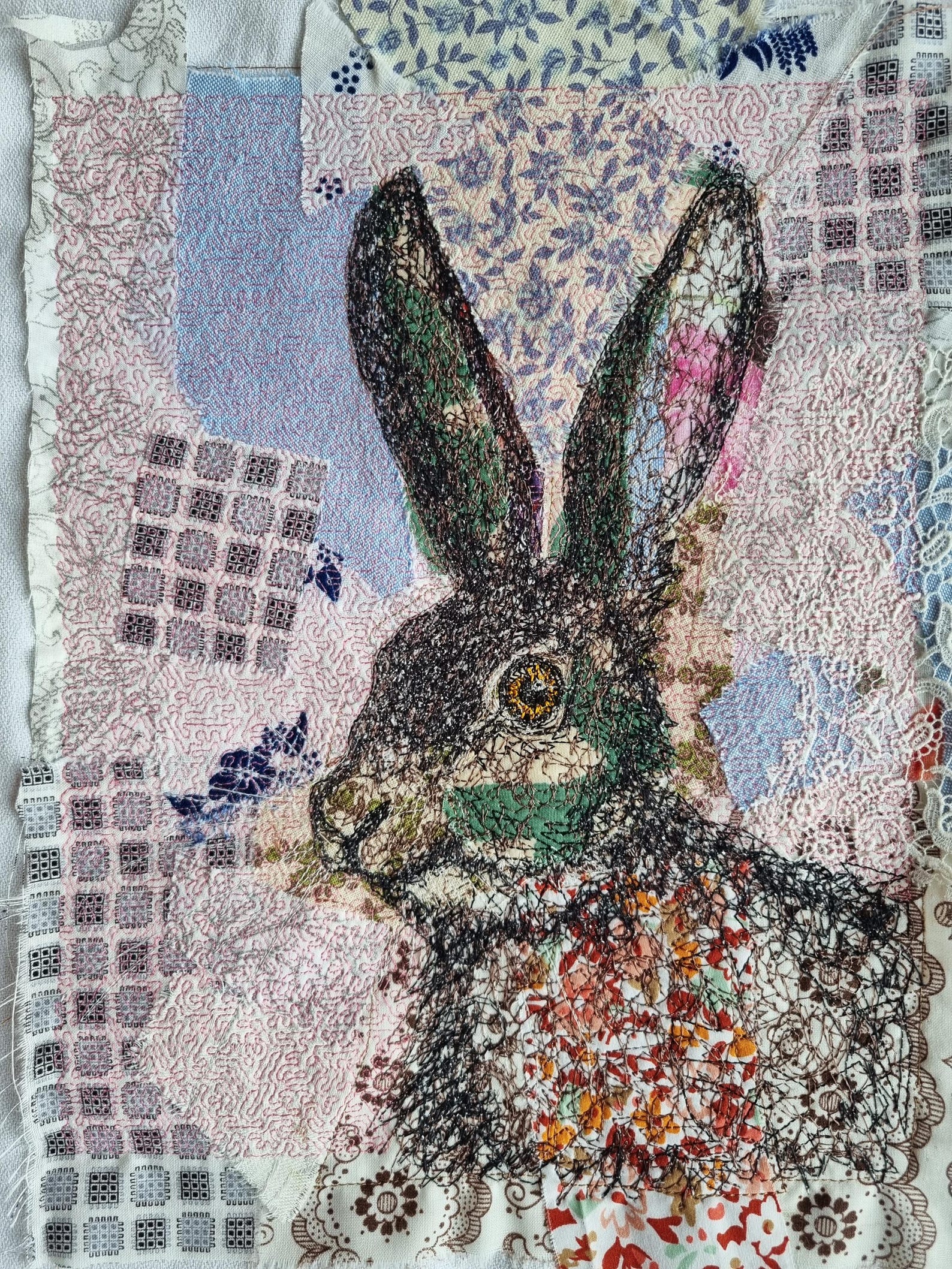 Patch Rabbit Textile Art Collage Recycled Lace Upcycling Fabric Art ...