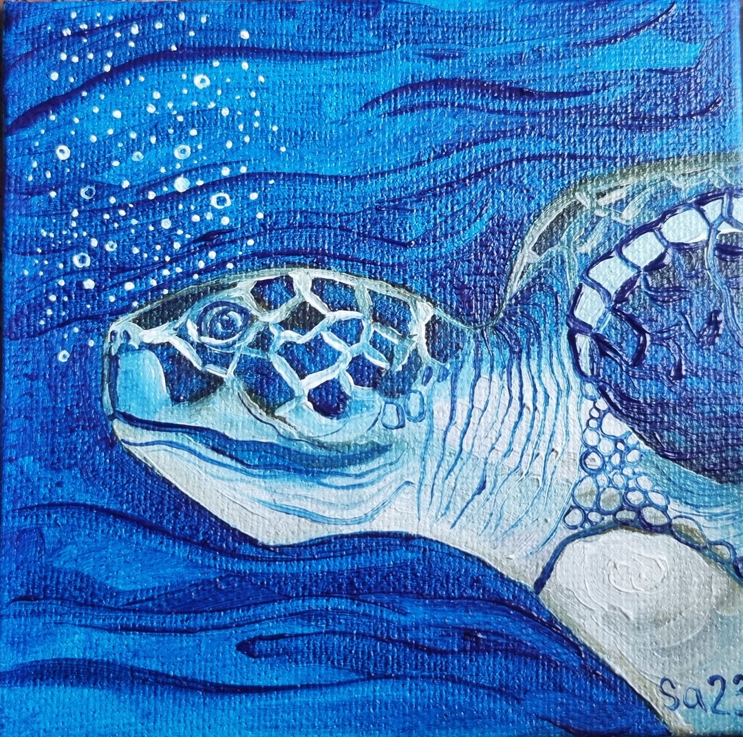 Sea Turtle Oil Painting Original Hand-painted Animal Reptile Miniature ...