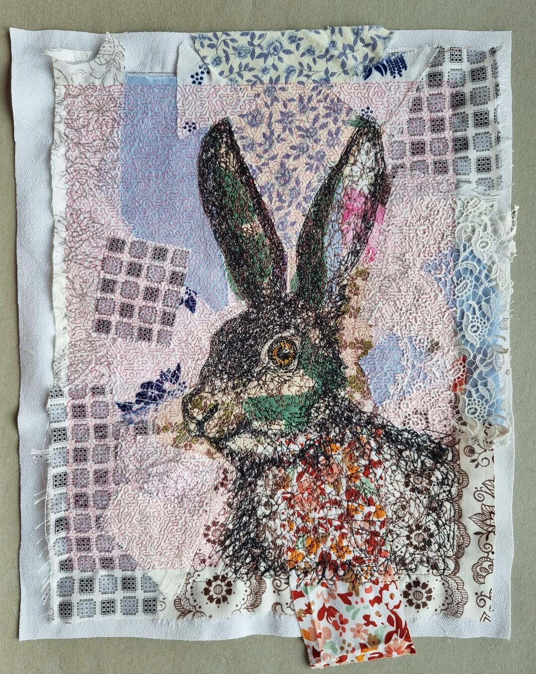 Patch Rabbit Textile Art Collage Recycled Lace Upcycling Fabric Art ...