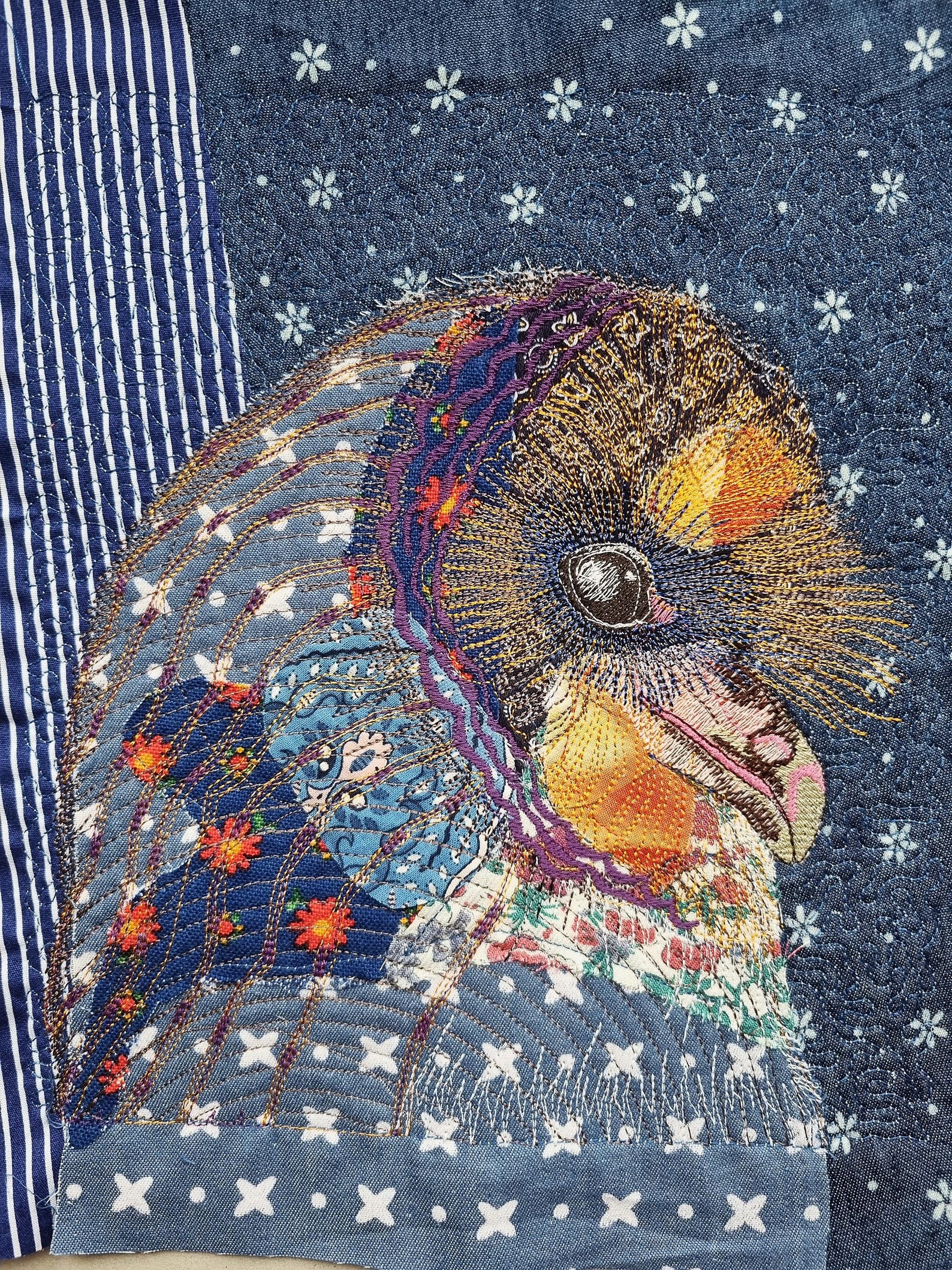 Patch Bird of Prey Owl Textile Collage Art Recycled Upcycling Fabric ...