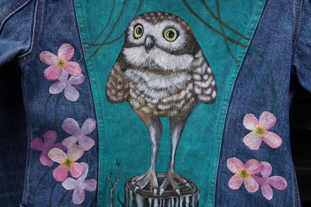 Hand Painted Vintage Denim Jacket Owl Upcycled Clothing Eco Fashion ...
