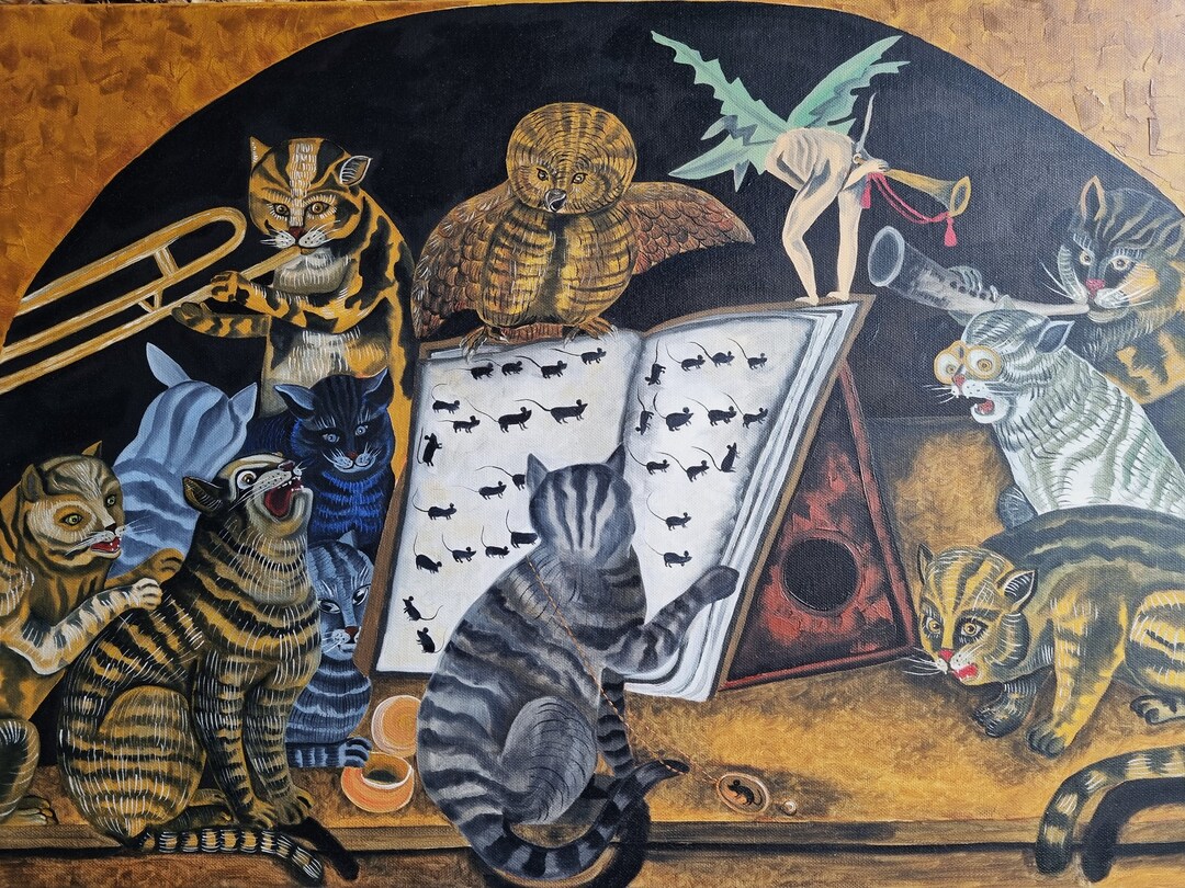 Cat School Cats Owl Mice Spirit Oil Painting Original Hand-painted Oil ...