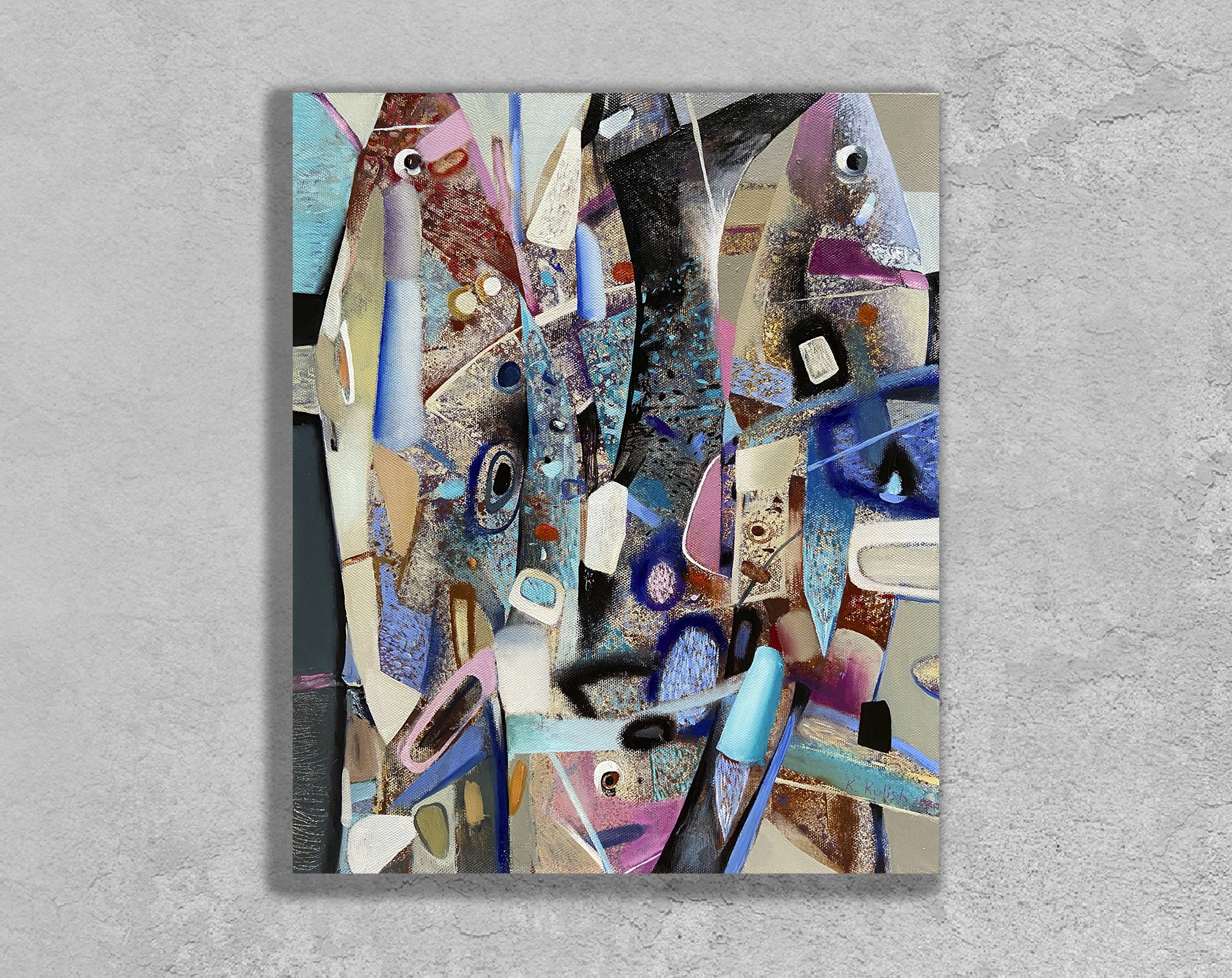 Cubism fish oil painting on canvas Small abstract art Purple | Etsy