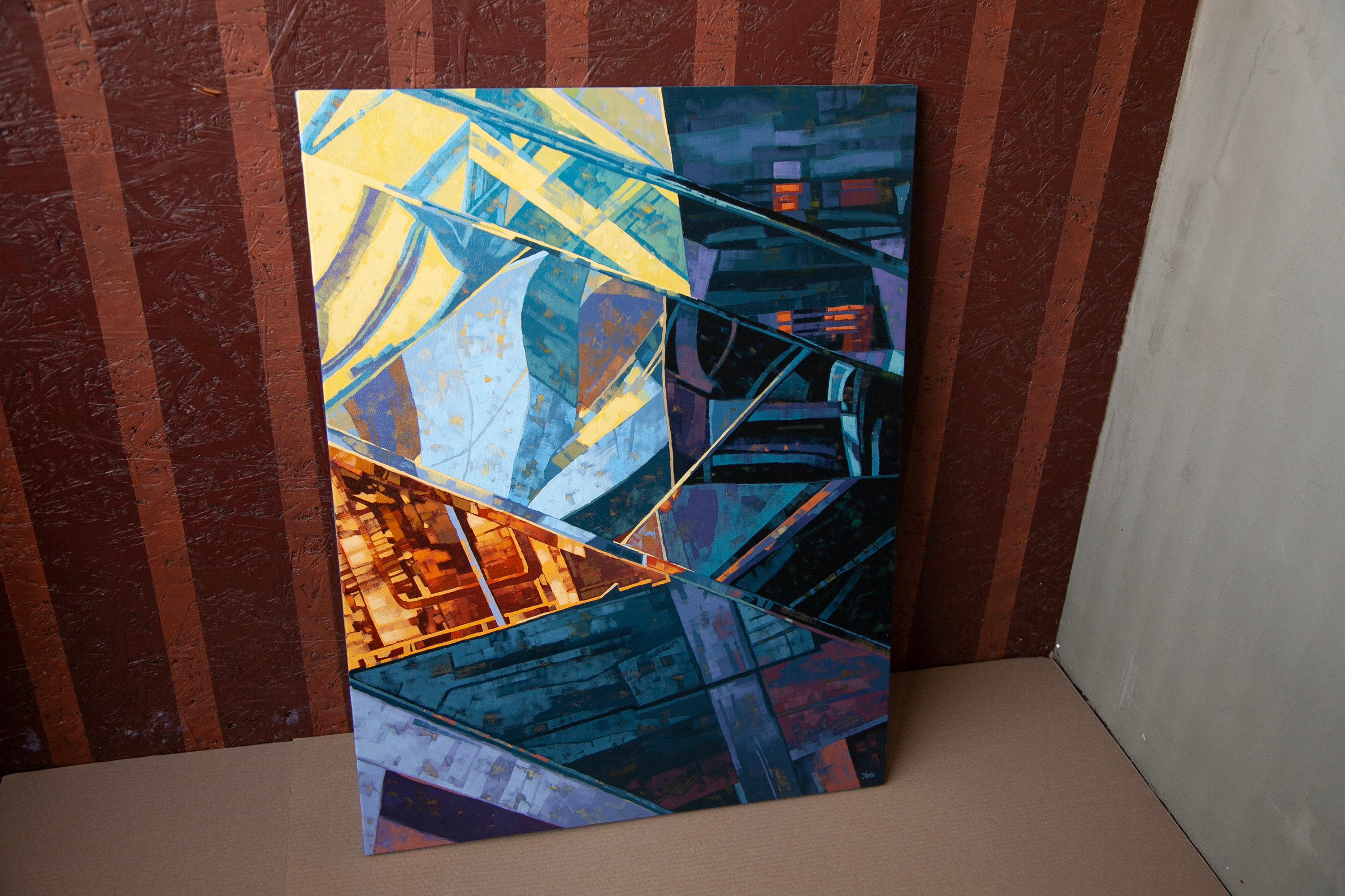 Modern geometric painting on canvas Blue yellow oil painting | Etsy