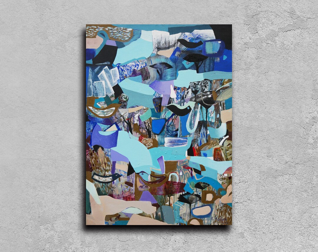 Cubism Birds Painting on Canvas, Blue Beige Modern Abstract, Colorful ...