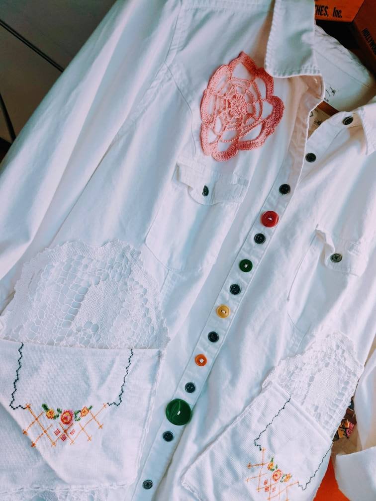 Upcycled Large Vintage White Denim Button up Shirt Long Sleeves. I Used ...