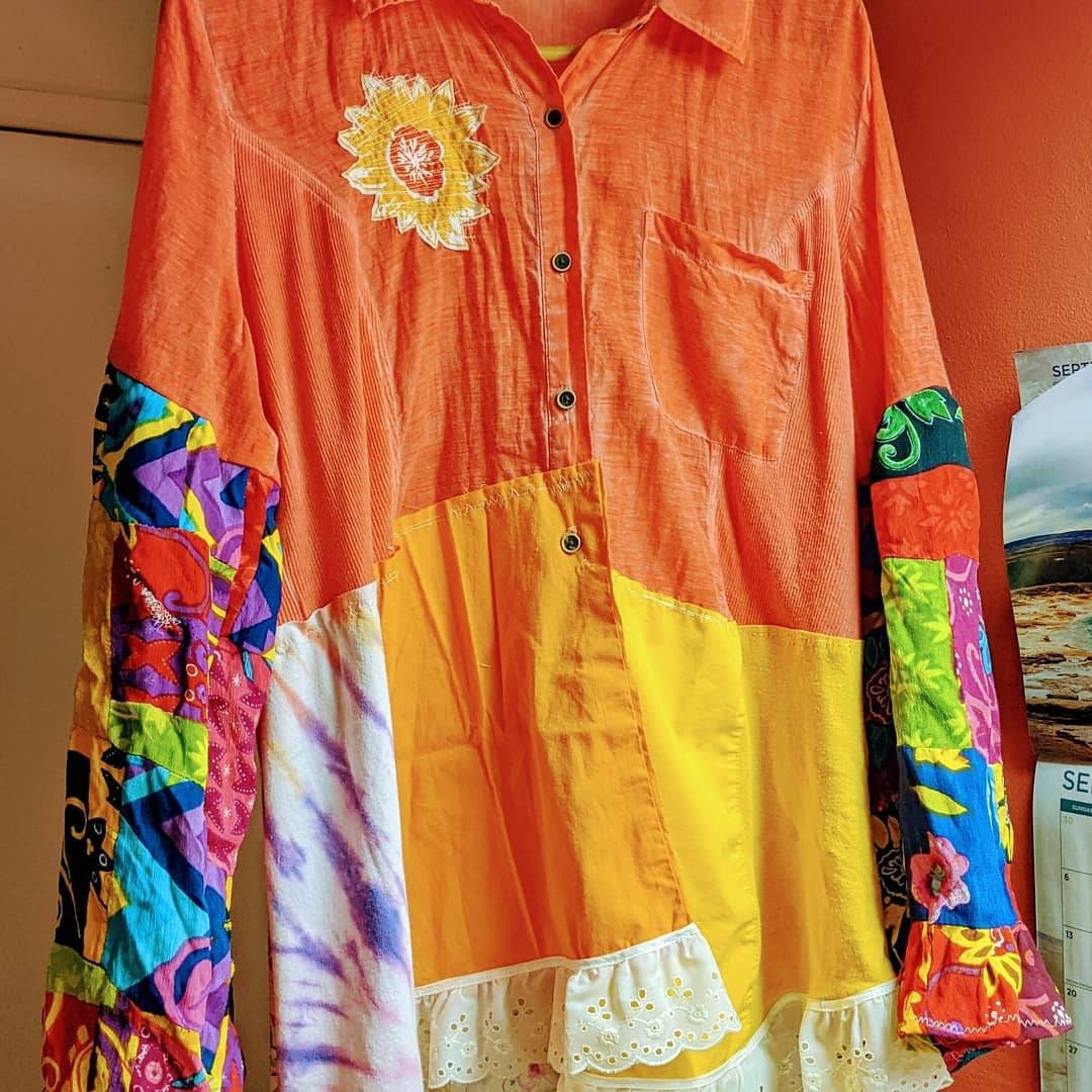 Boho Large Upcycled Orange Light Button-up Bright - Etsy