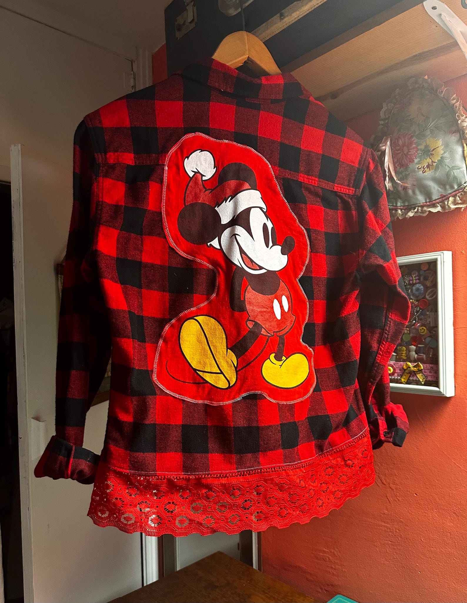 Upcycled Flannel Shirt: Santa Mickey Mouse Patch, Red Lace Trim - Women ...
