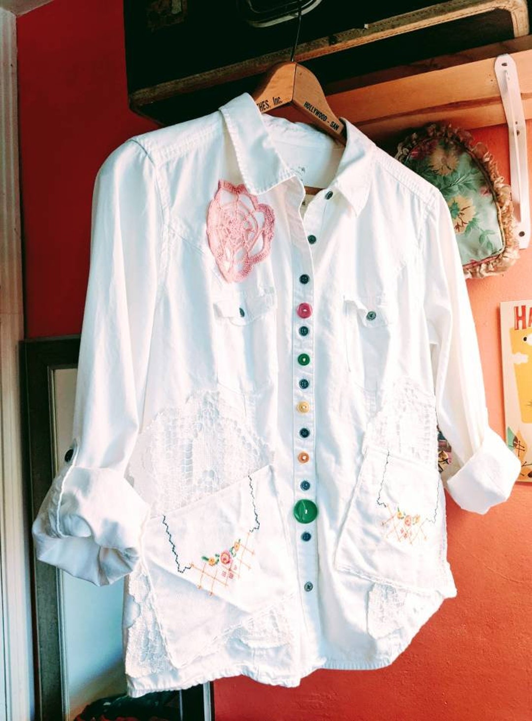 Upcycled Large Vintage White Denim Button up Shirt Long Sleeves. I Used ...