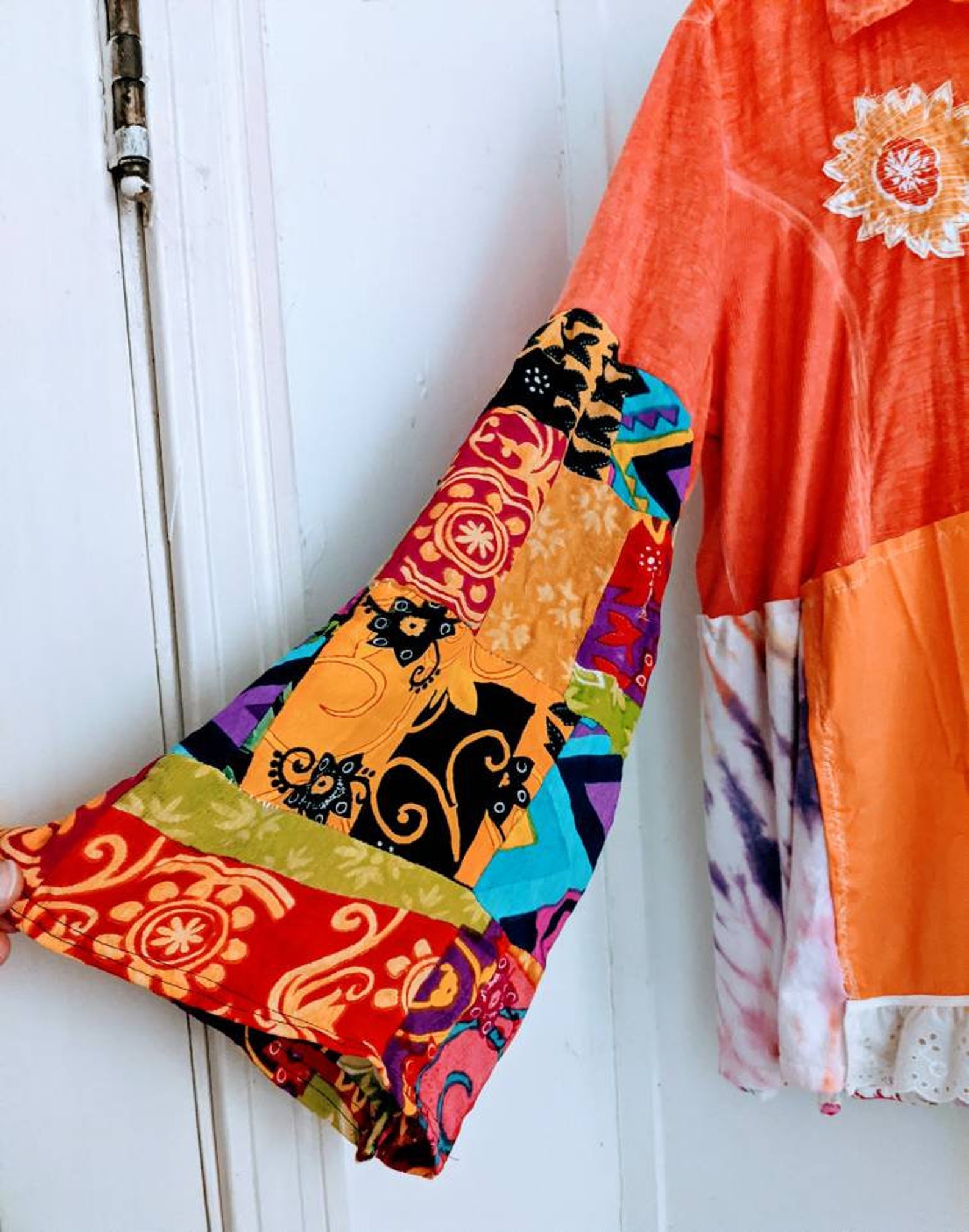 Boho Large Upcycled Orange Light Button-up Bright - Etsy