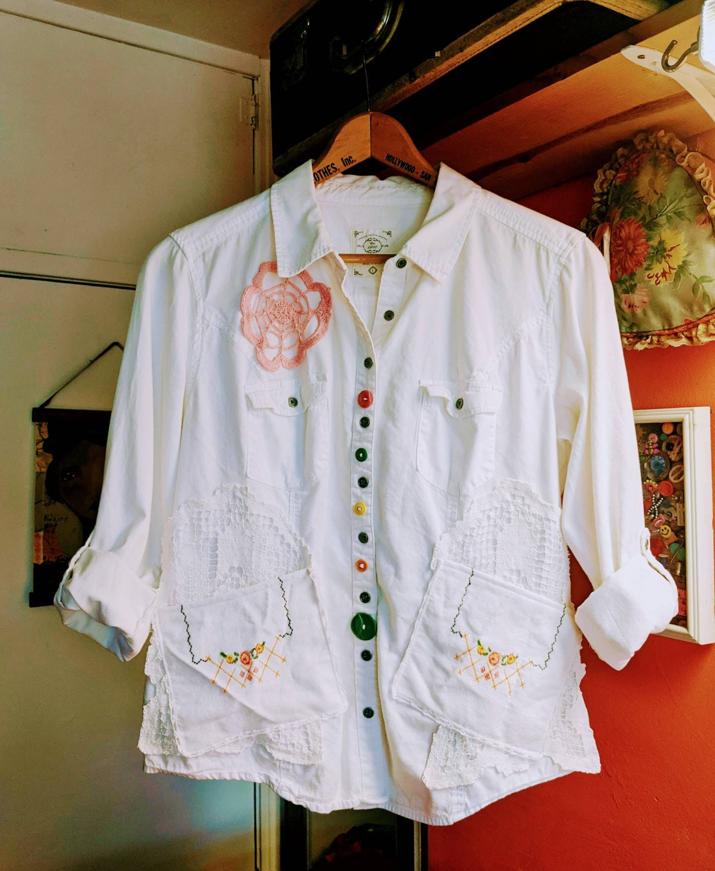 Upcycled Large Vintage White Denim Button up Shirt! Long Sleeves. I ...